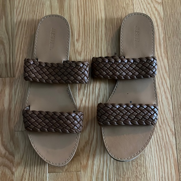 JustFab | Shoes | Justfab Dark Brown Double Strap Braided Backless Flat ...